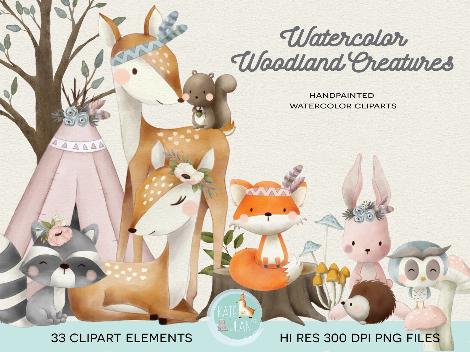 Watercolor Woodland Animals Clipart Boho Nursery Clipart - Etsy