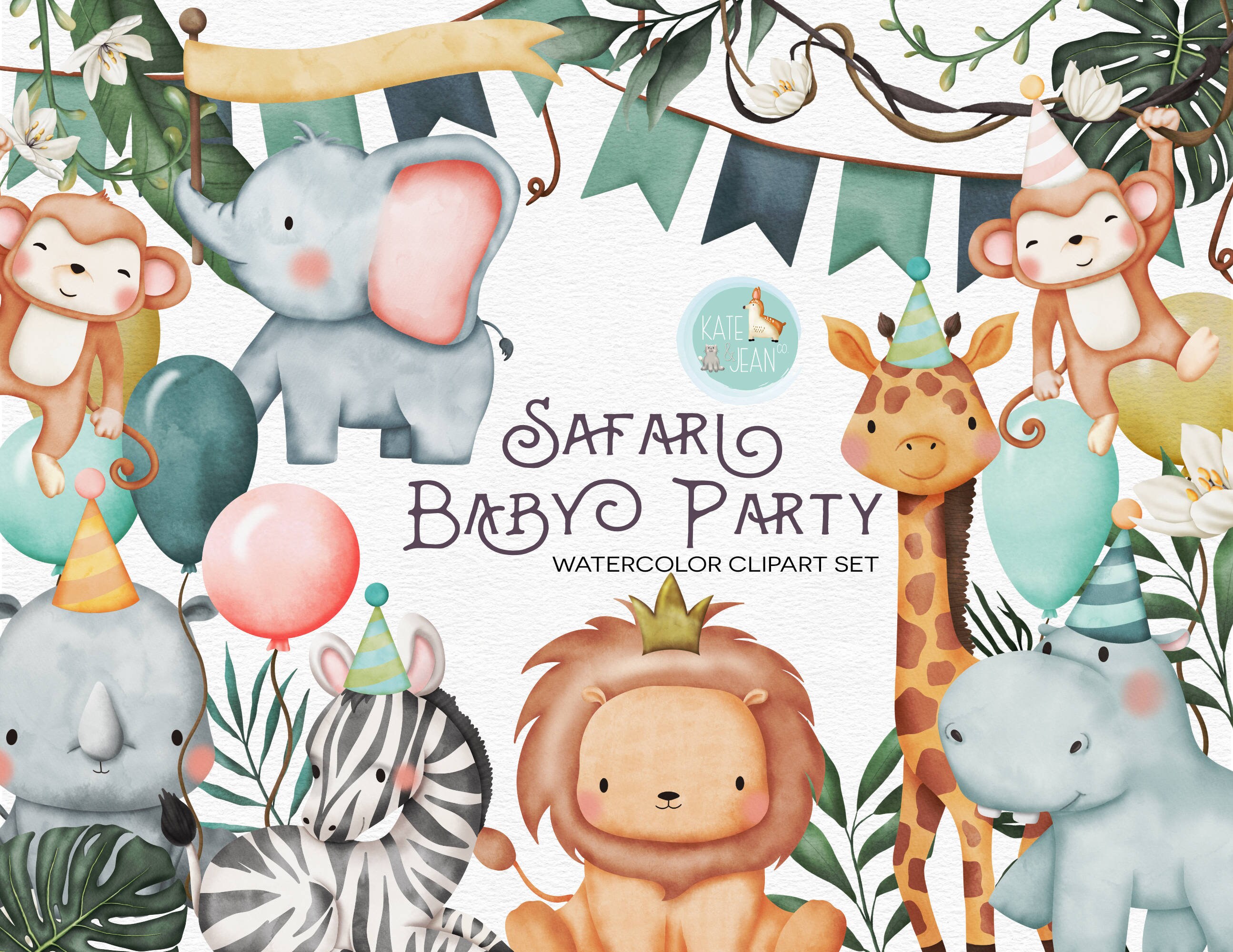 Watercolor Safari Animals Clipart, Cute Baby Safari PNG, Jungle Clipart ...