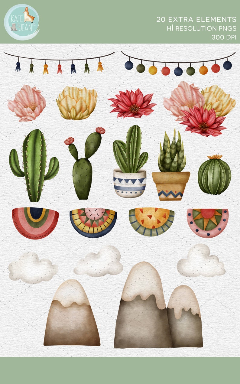 Little Llamas Watercolor Clipart Set Llama Clipart Cactus - Etsy