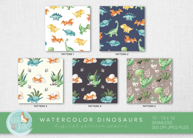 Watercolor Dinosaurs Digital Papers, Dinosaur Pattern Papers ...