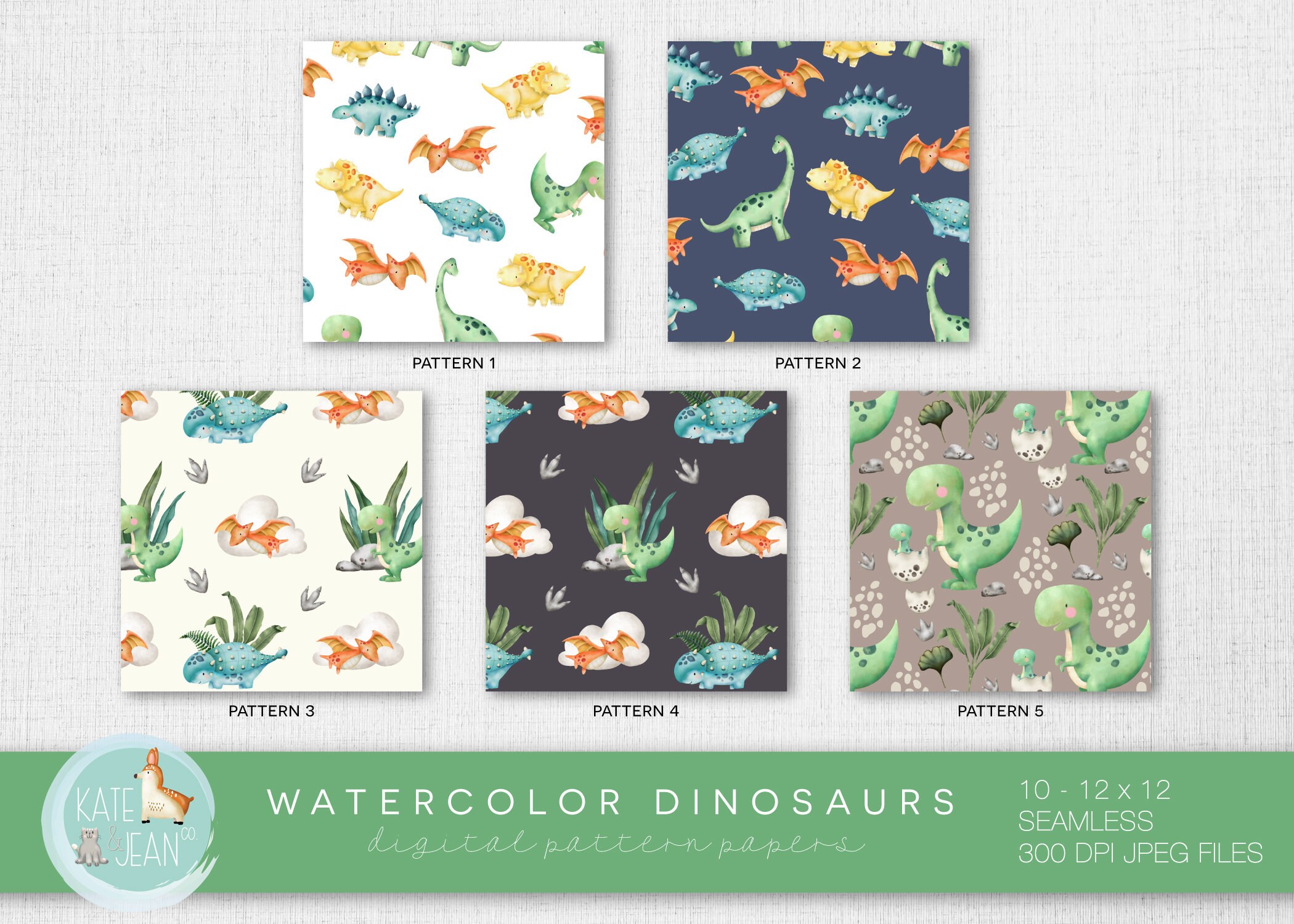 Watercolor Dinosaurs Digital Papers, Dinosaur Pattern Papers ...