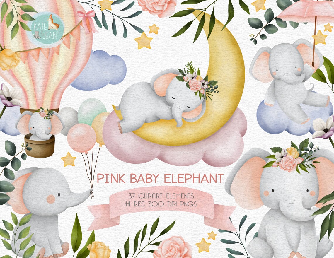 Watercolor Pink Baby Elephant Clipart Set Elephant Clipart Nursery ...