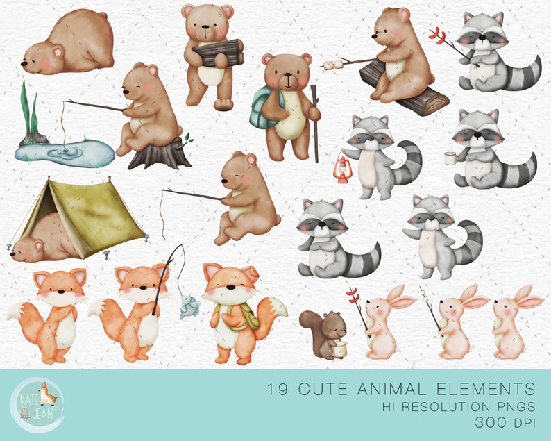 Watercolor Animals Camping Clipart Set Watercolor Clipart - Etsy