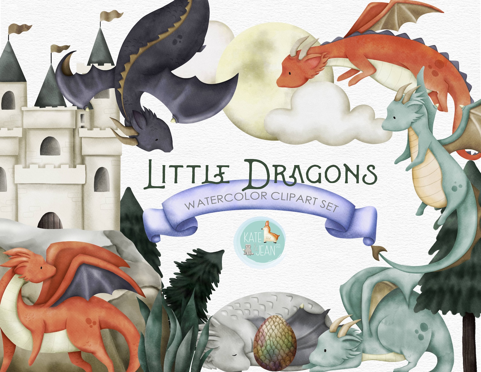 Dragons Watercolor Clipart Set Fairytale Pngs Nursery - Etsy