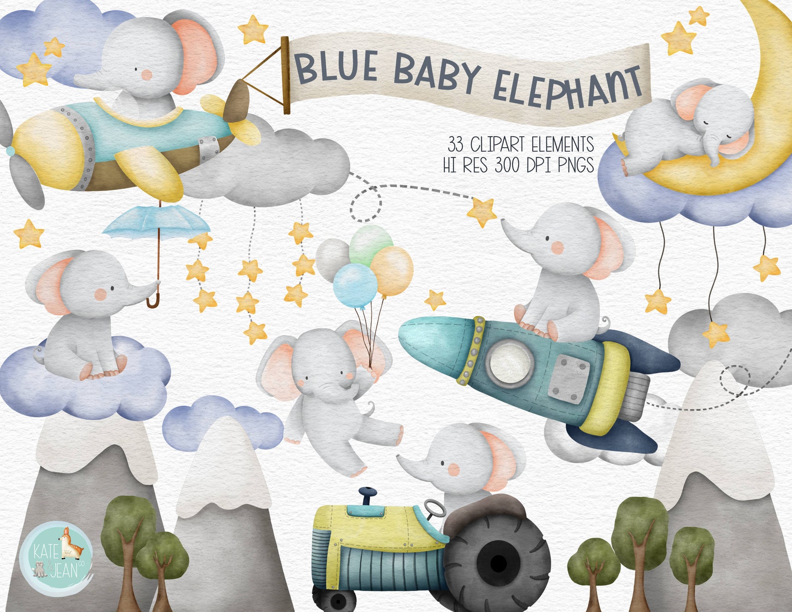 Blue Baby Elephant Clipart Watercolor Clipart Elephant Clipart Nursery ...
