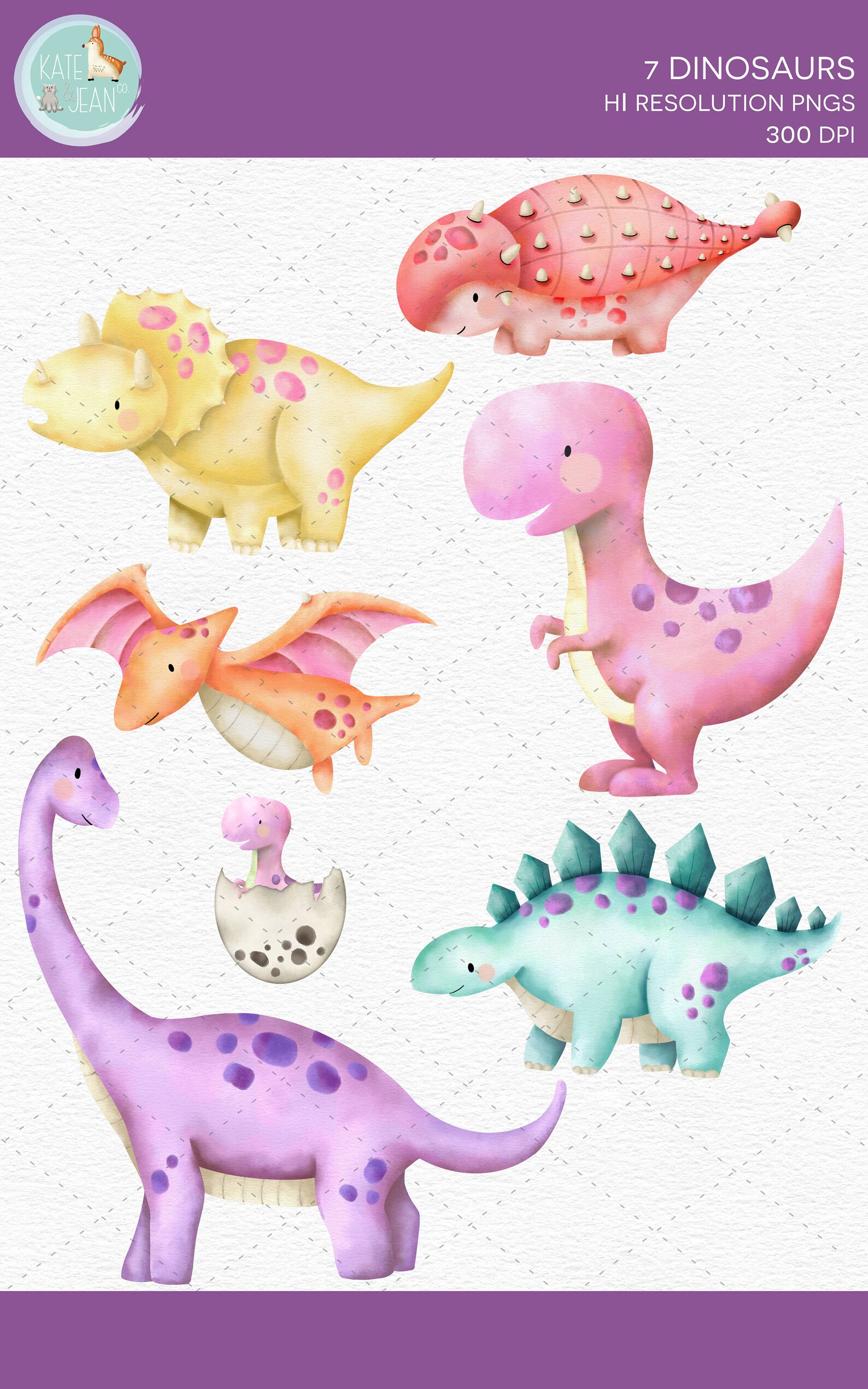 Girly Dinosaurs Watercolor Clipart Set Cute Dinosaurs T-rex - Etsy