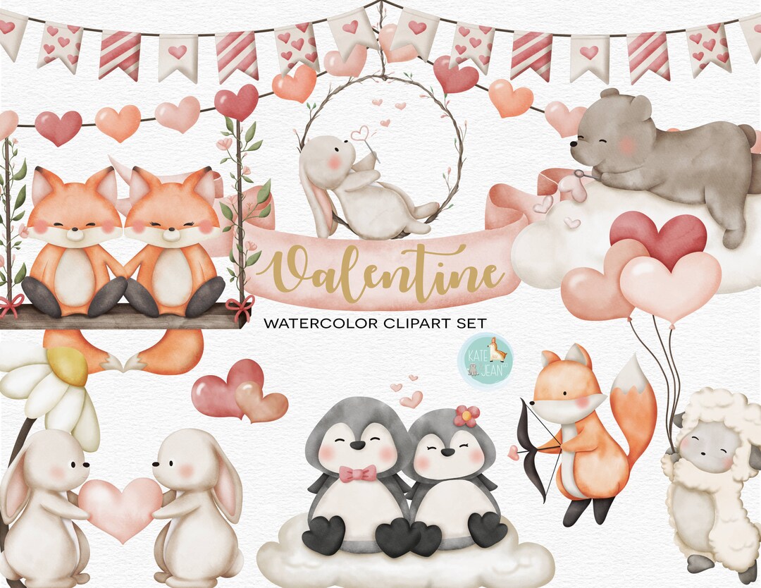 Valentine Watercolor Clipart, Woodland Animals PNG, Love, Valentines ...