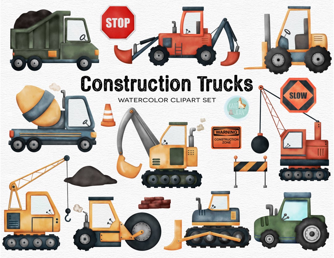 Watercolor Construction Clipart Set, Construction Trucks, Digger, Boy ...