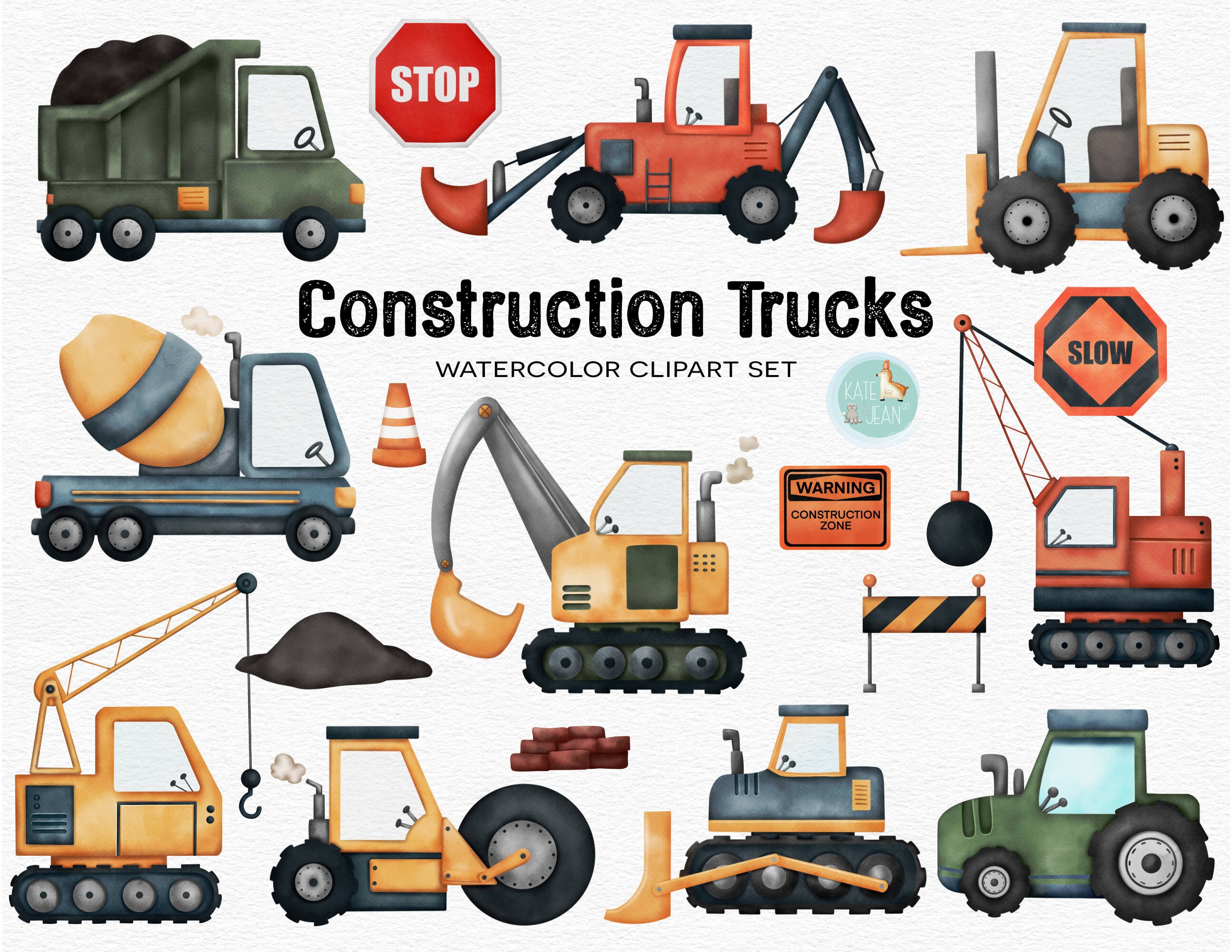 Watercolor Construction Clipart Set, Construction Trucks, Digger, Boy ...