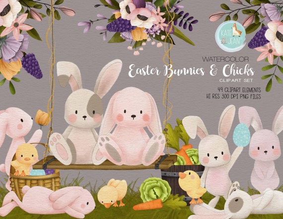 Watercolor Easter Bunny Clipart Set Bunnies and Chicks - Etsy
