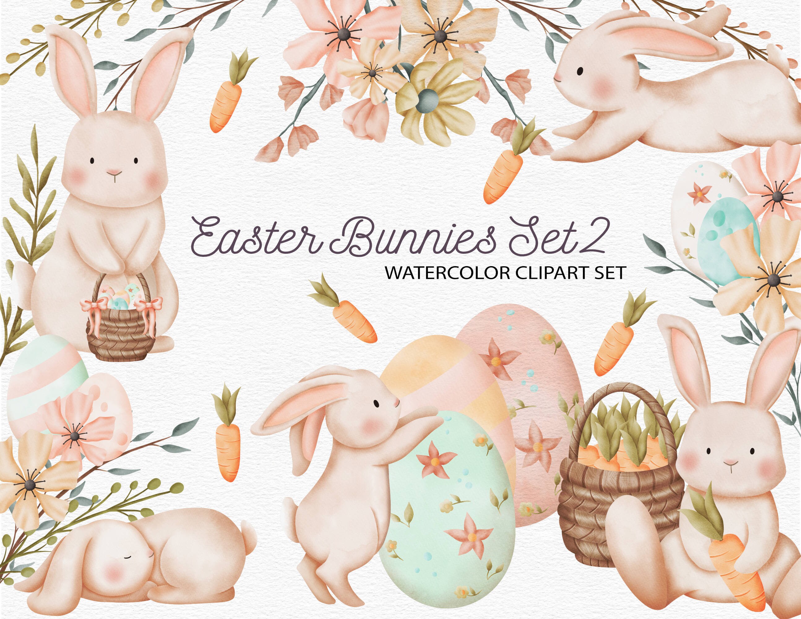 Easter Bunnies Watercolor Clipart Set Easter Eggs Baby Bunny - Etsy