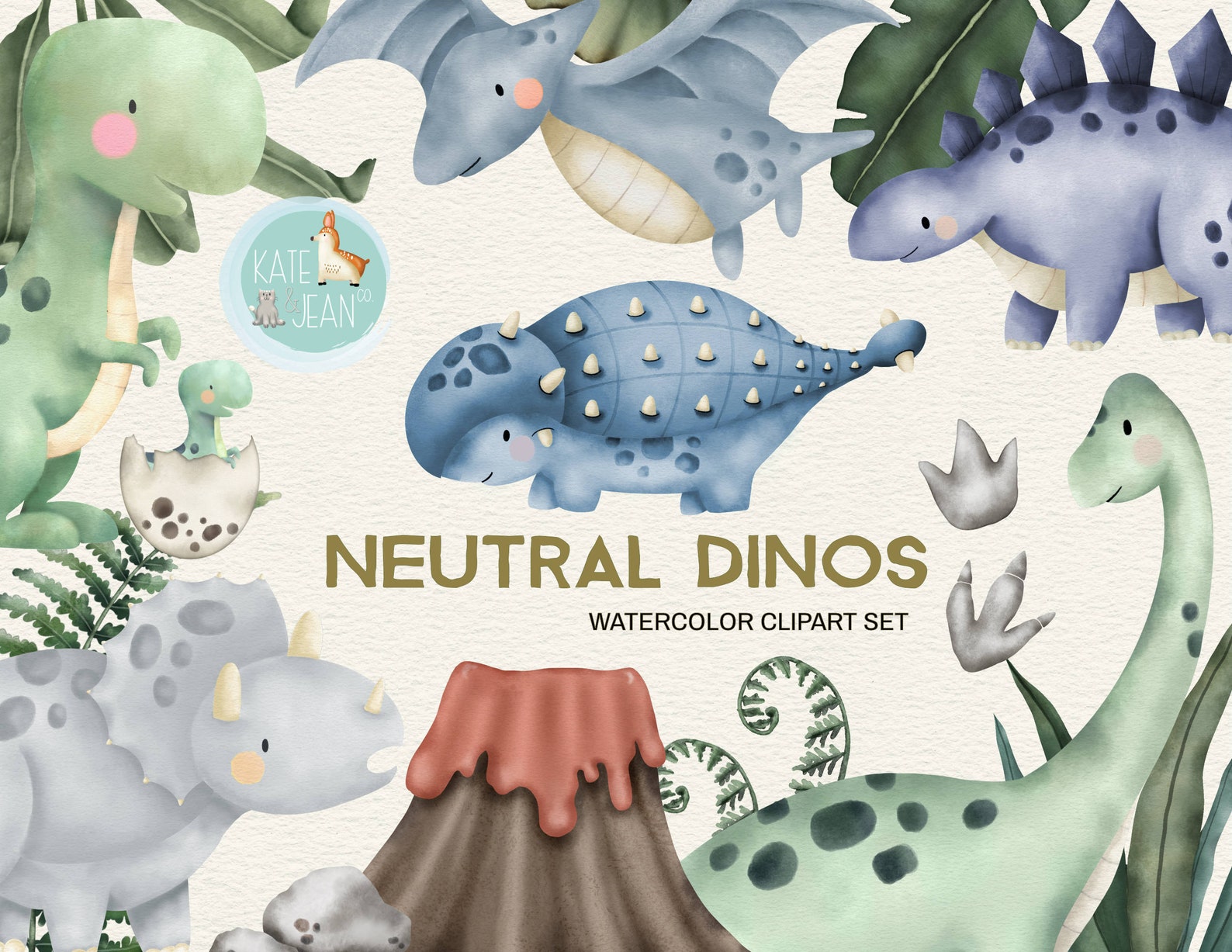 Dinosaur Watercolor Clipart Neutral Dino Clipart Cute - Etsy