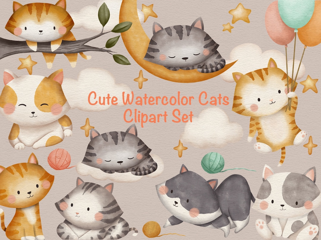 Cute Watercolor Cats Clipart Set Kittens Clipart Set Nursery Kittens ...