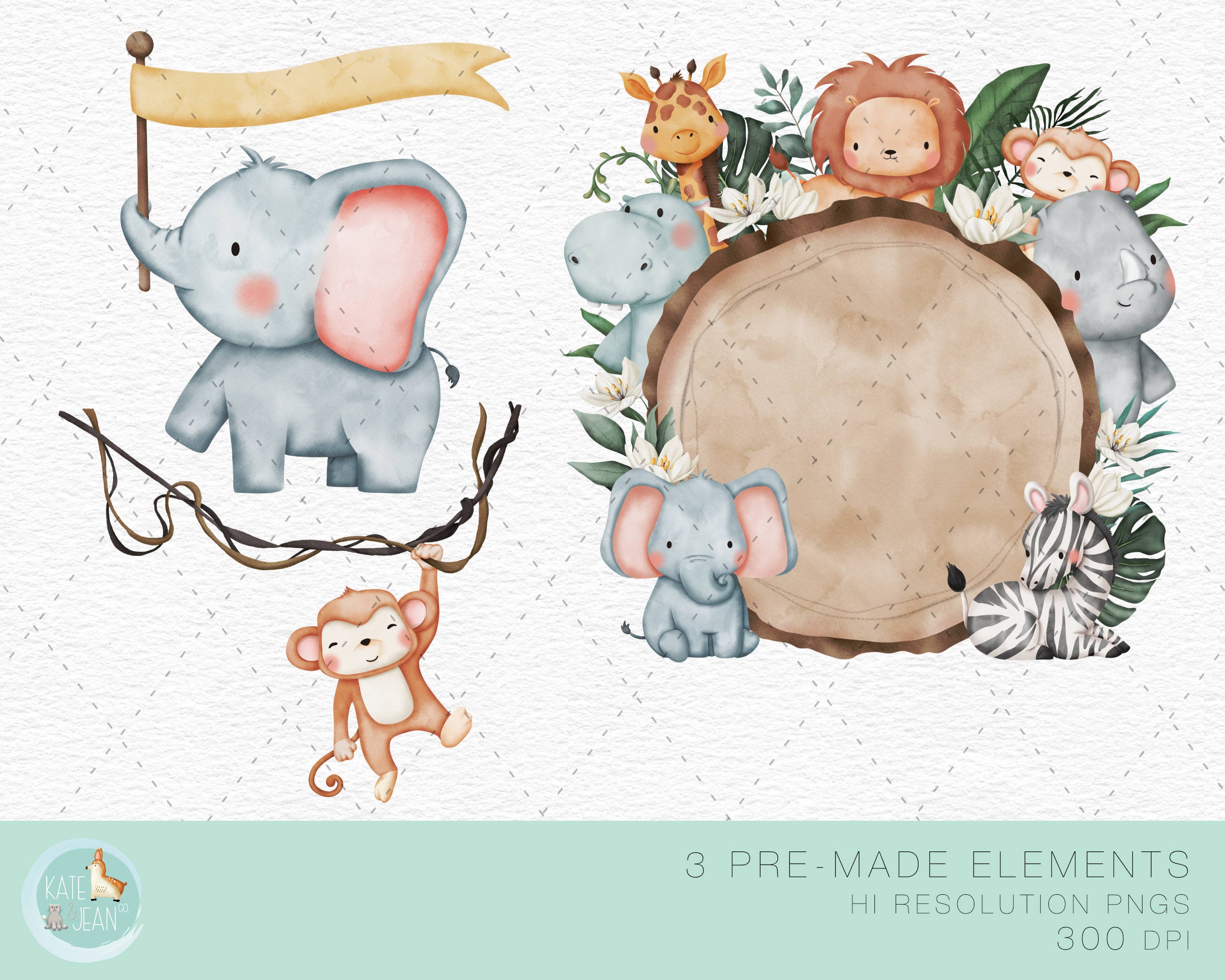 Watercolor Safari Animals Clipart, Cute Baby Safari PNG, Jungle Clipart ...