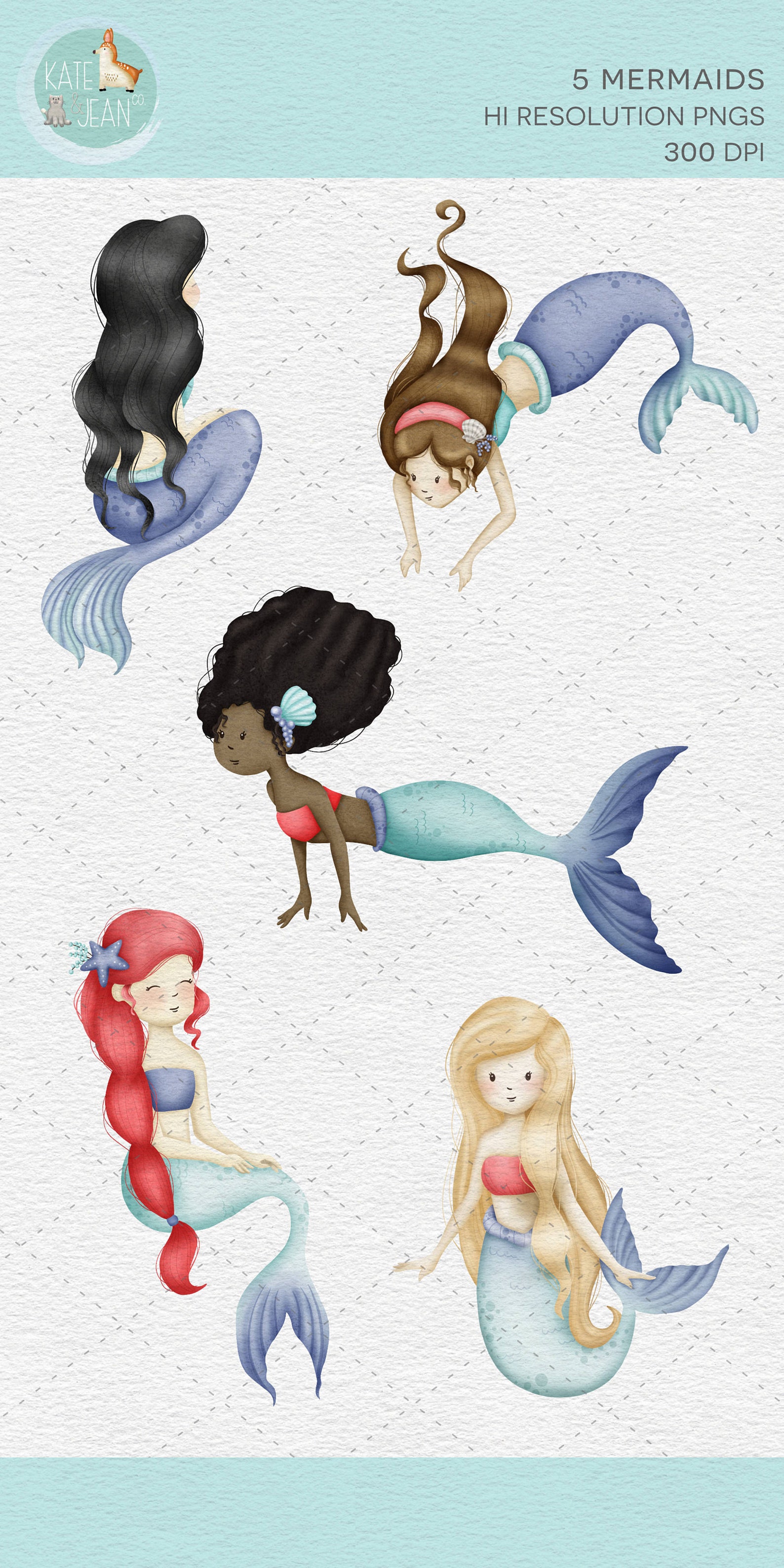 Mermaids Watercolor Clipart Set Digital Download Mermaid - Etsy