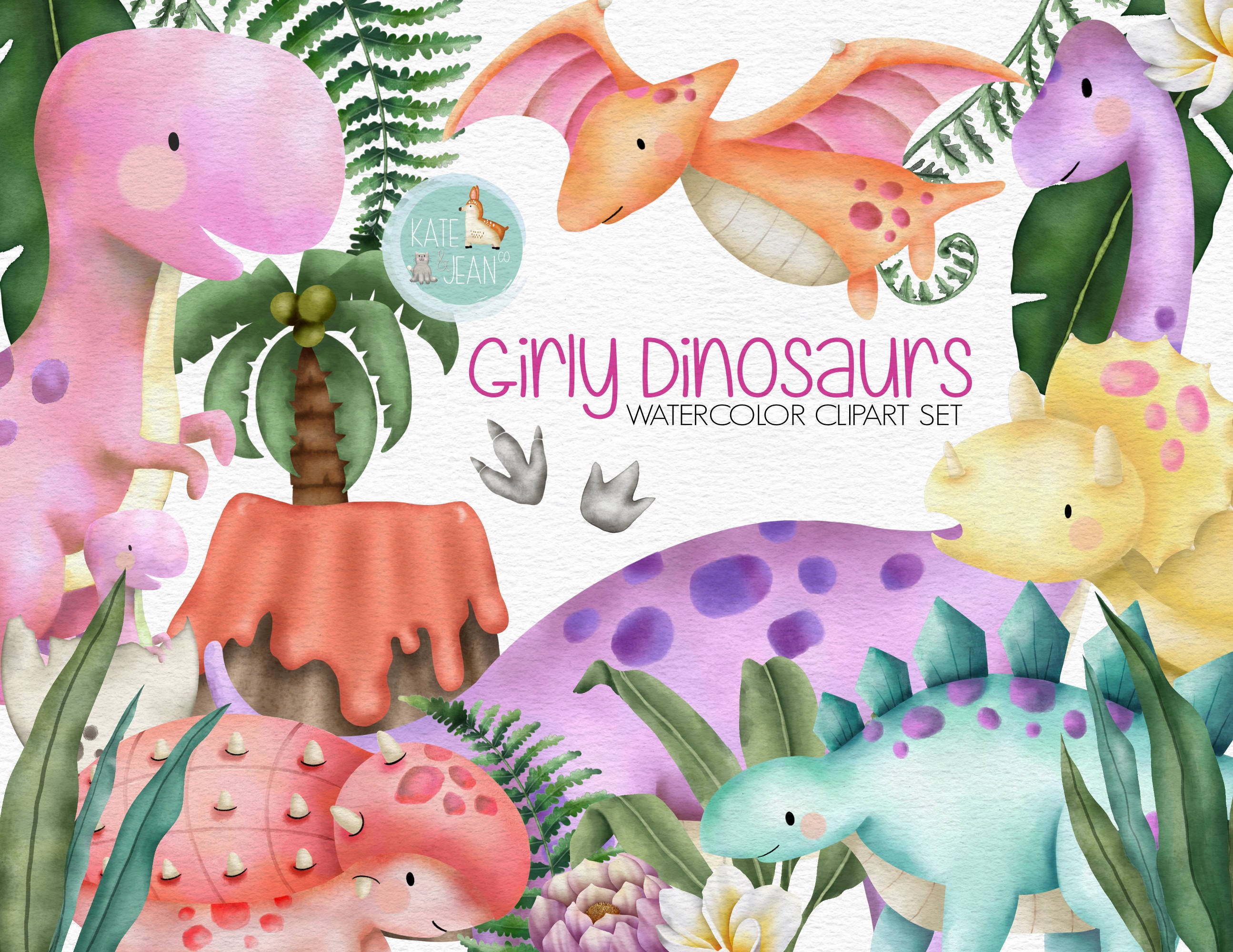 Girly Dinosaurs Watercolor Clipart Set Cute Dinosaurs T-rex - Etsy