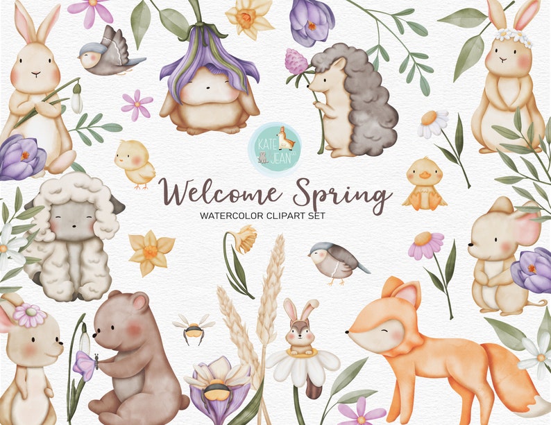 Watercolor Spring Clipart Set, Spring Animals and Florals, Easter ...