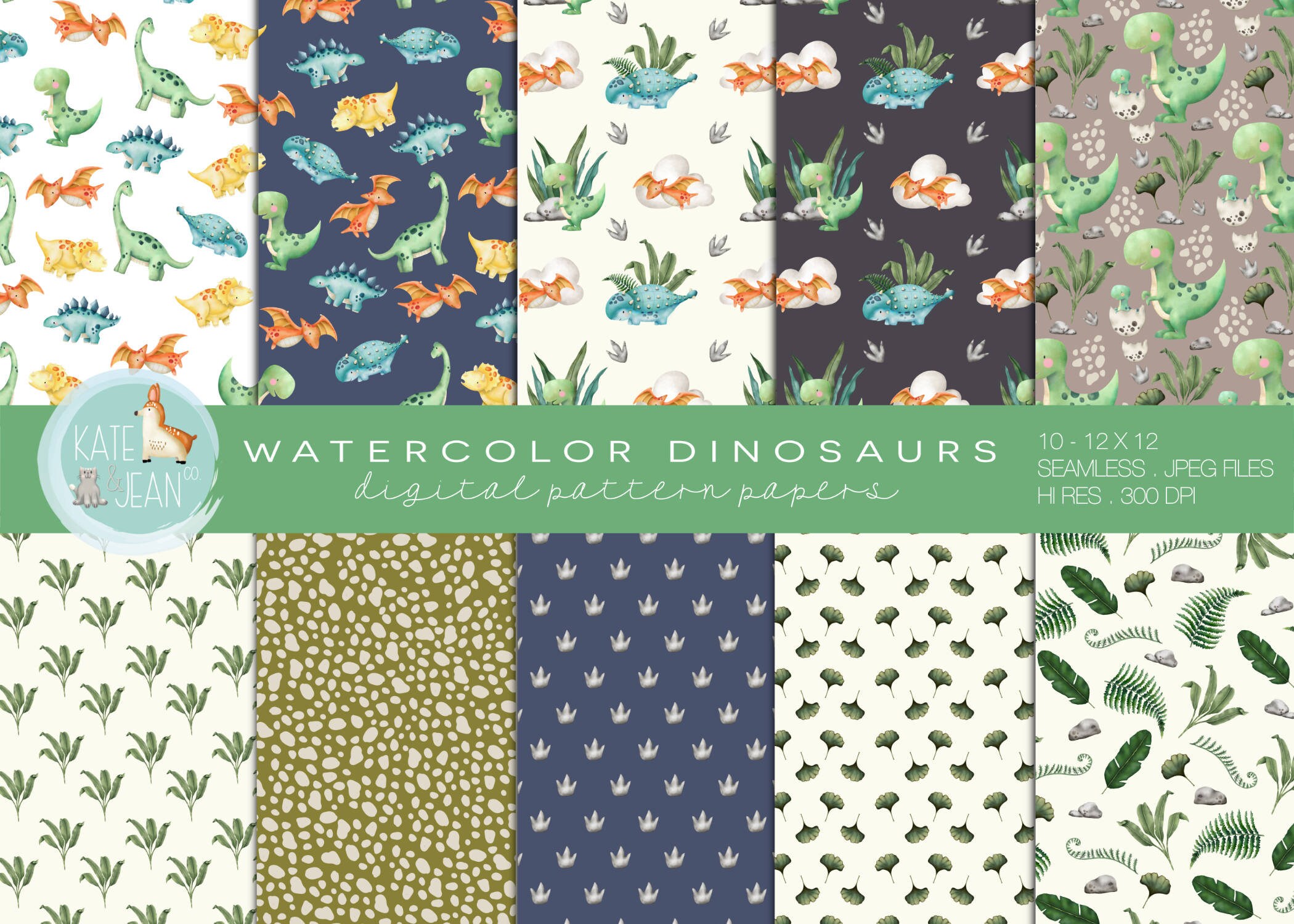 Watercolor Dinosaurs Digital Papers, Dinosaur Pattern Papers ...