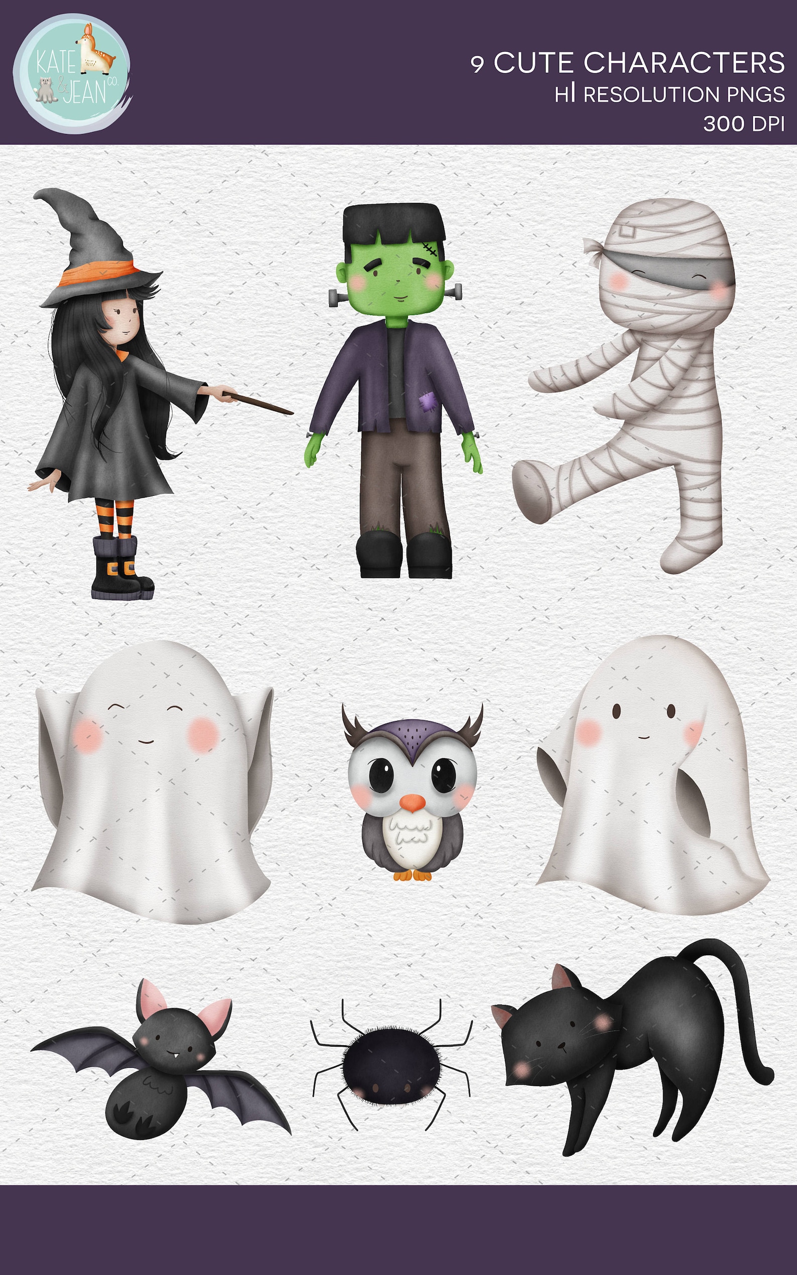 Halloween Watercolor Clipart Set Cute Halloween Monsters - Etsy