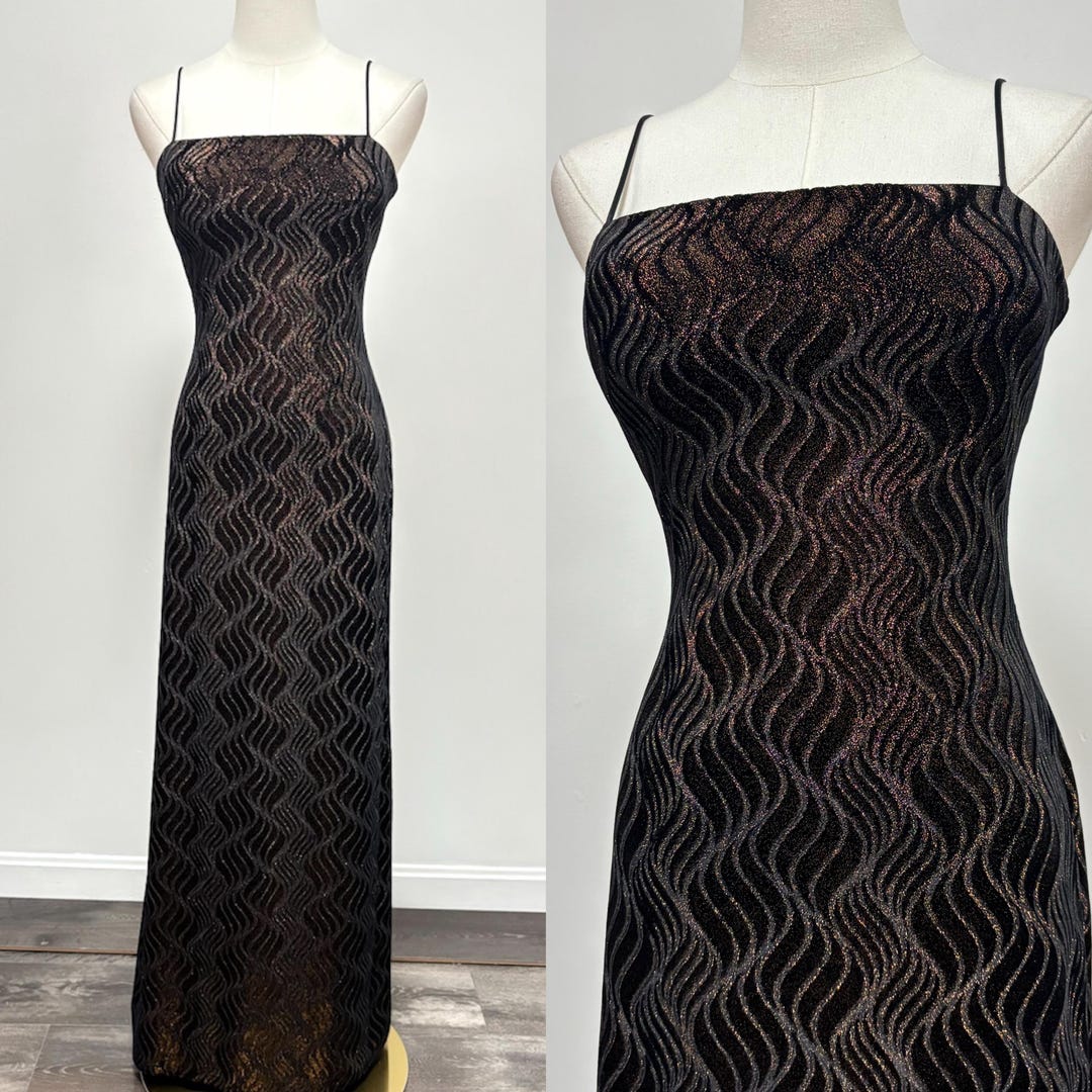 Vintage Y2K Black & Gold Velvet Swirl Pattern Sparkly Prom Formal Dress ...
