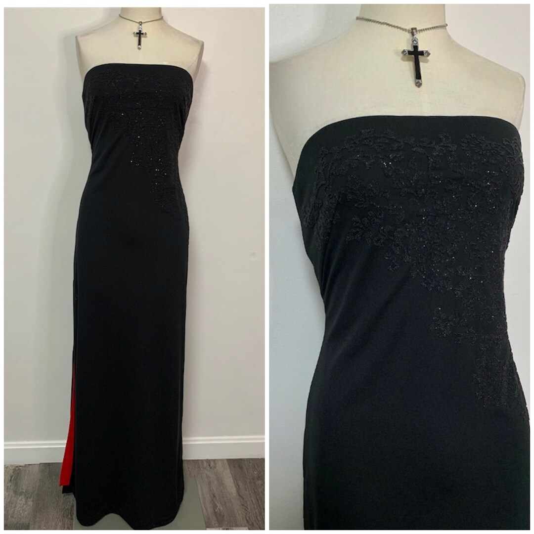 Vintage 90s Black Beaded Red Lined Strapless Vampy Goth Grunge Prom ...