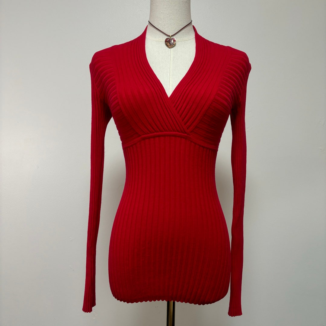 2000s Red Ribbed Knit Long Sleeve Top Size S - Etsy