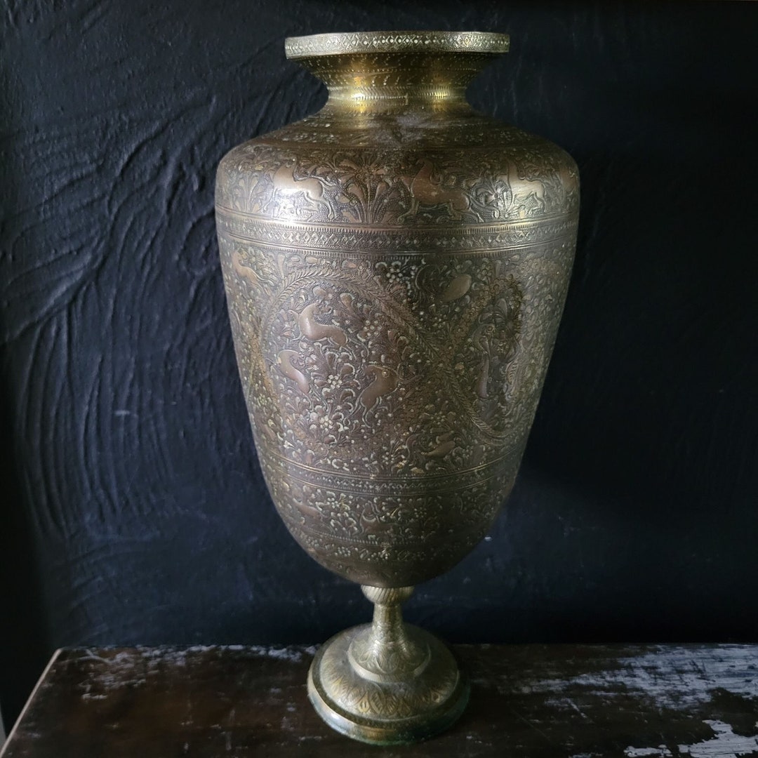 Vintage Large Brass Pedestal Vase, Engraved and Chased With Animal ...