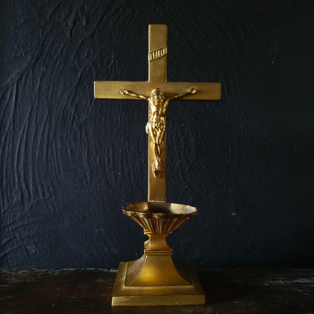 Antique Brass Crucifix Cross Stand With Holy Water Font, Gold Alter ...