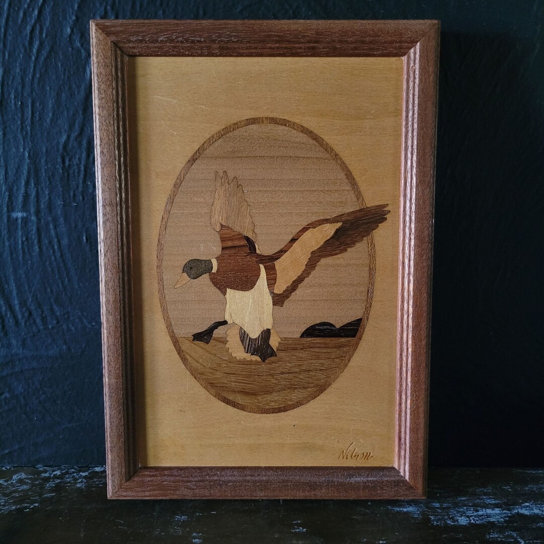 Vintage Hudson River Inlay Wood Marquetry Flying Duck Art, Cabin Decor ...