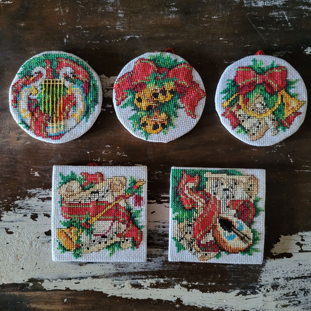 Set of 5 Vintage Cross Stitch Musical Instrument Christmas Ornaments - Etsy