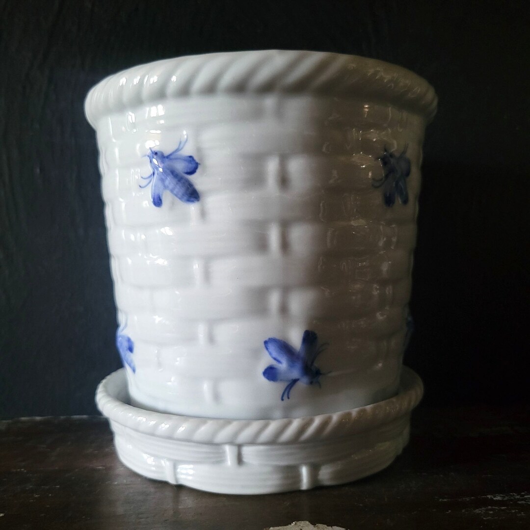 Vintage Andrea by Sadek Blue Bee Plant Pot Planter With Underplate - Etsy