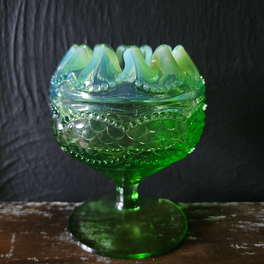Antique Jefferson Glass Opalescent Green Pearls and Scales Footed Rose ...