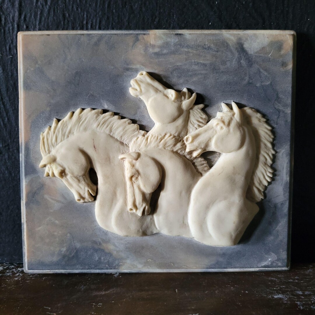 Vtg Incolay Stone Horse Plaque With Sculpted Mares and Stallions, Horse ...