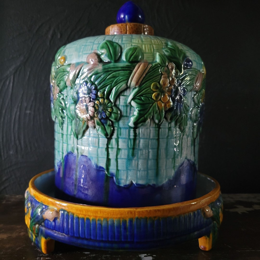 Large Vtg Majolica Cheese Bell / Cheese Dome Dish Platter, Lidded ...