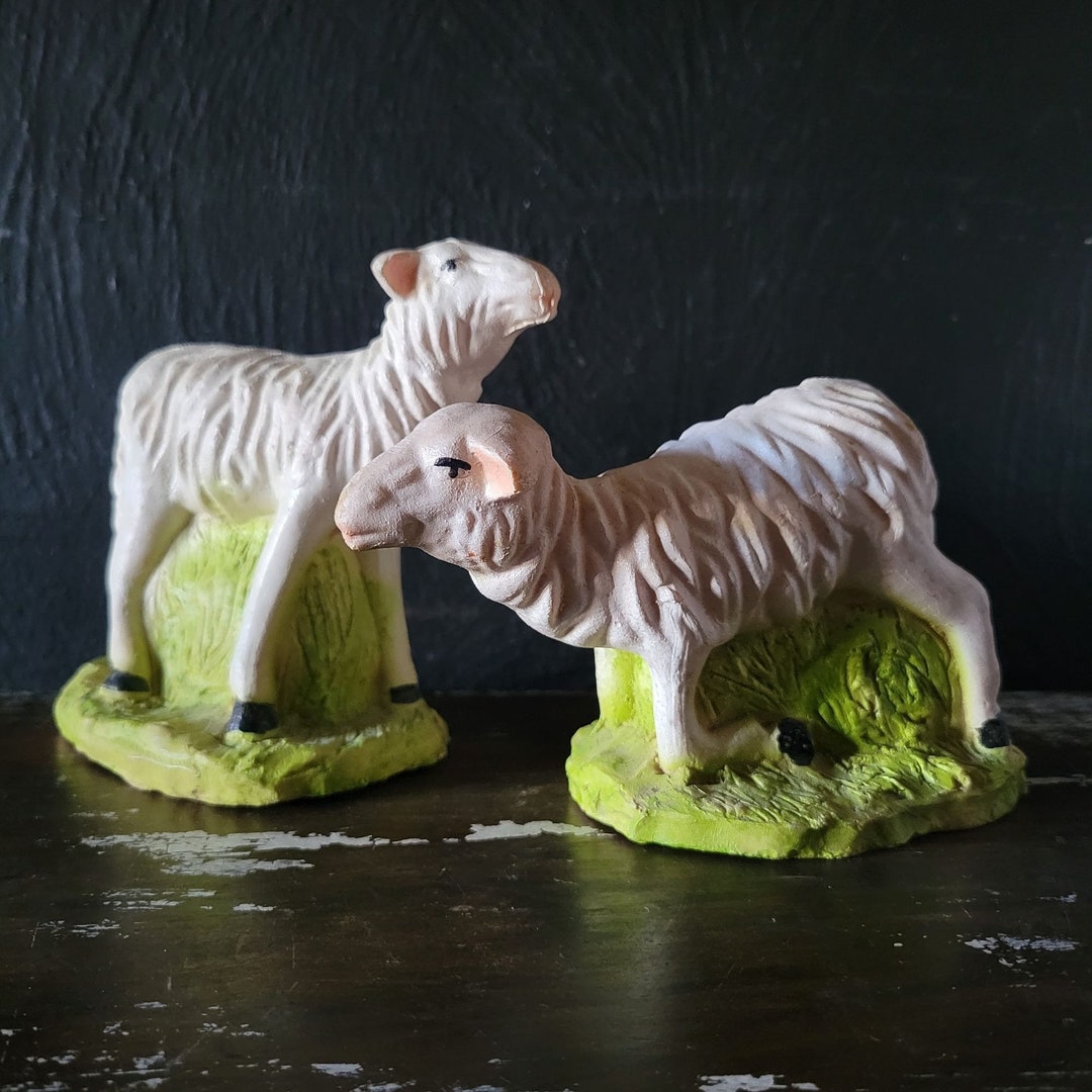 Pair of Large Vintage Composite Sheep Figures, Nativity Sheep ...