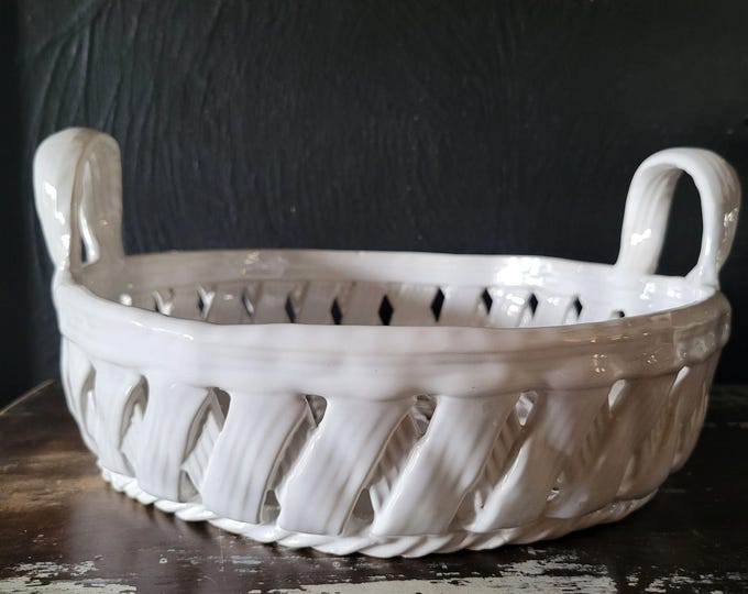 Large Vintage Neuwirth Ceramic Open Weave Round Basket W/handles White ...