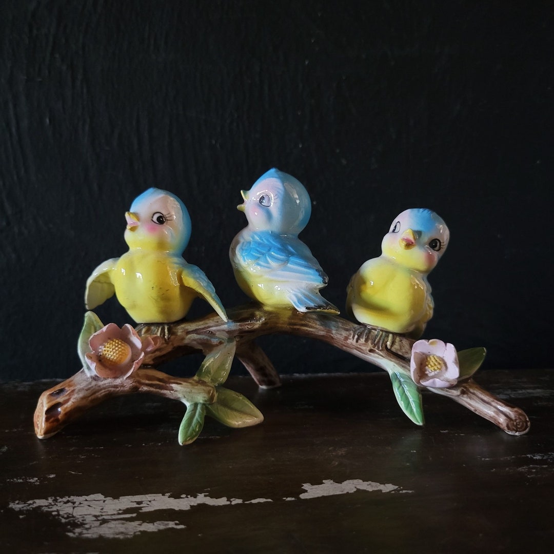 Vtg Norcrest Japan Anthropomorphic Three Blue Birds on Branch Lefton ...
