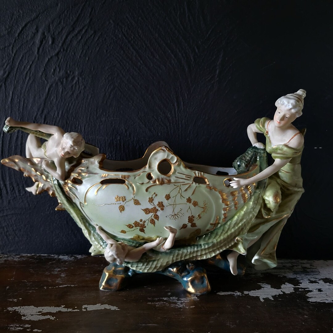 Antique Porcelain Figural Centerpiece Woman and Children With Fish Net ...