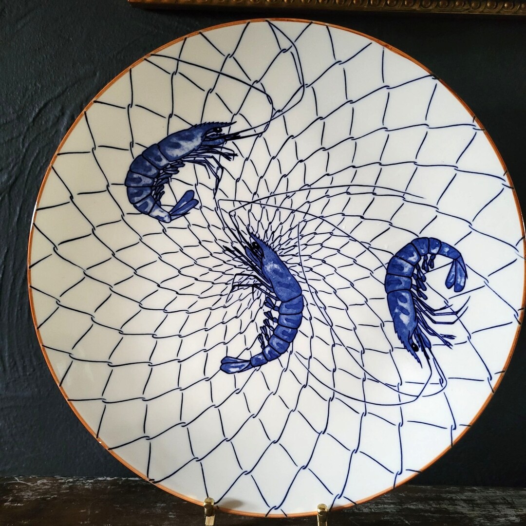 Vintage Ashi Japan Plate, Large Round Prawn Plate, Blue and White ...