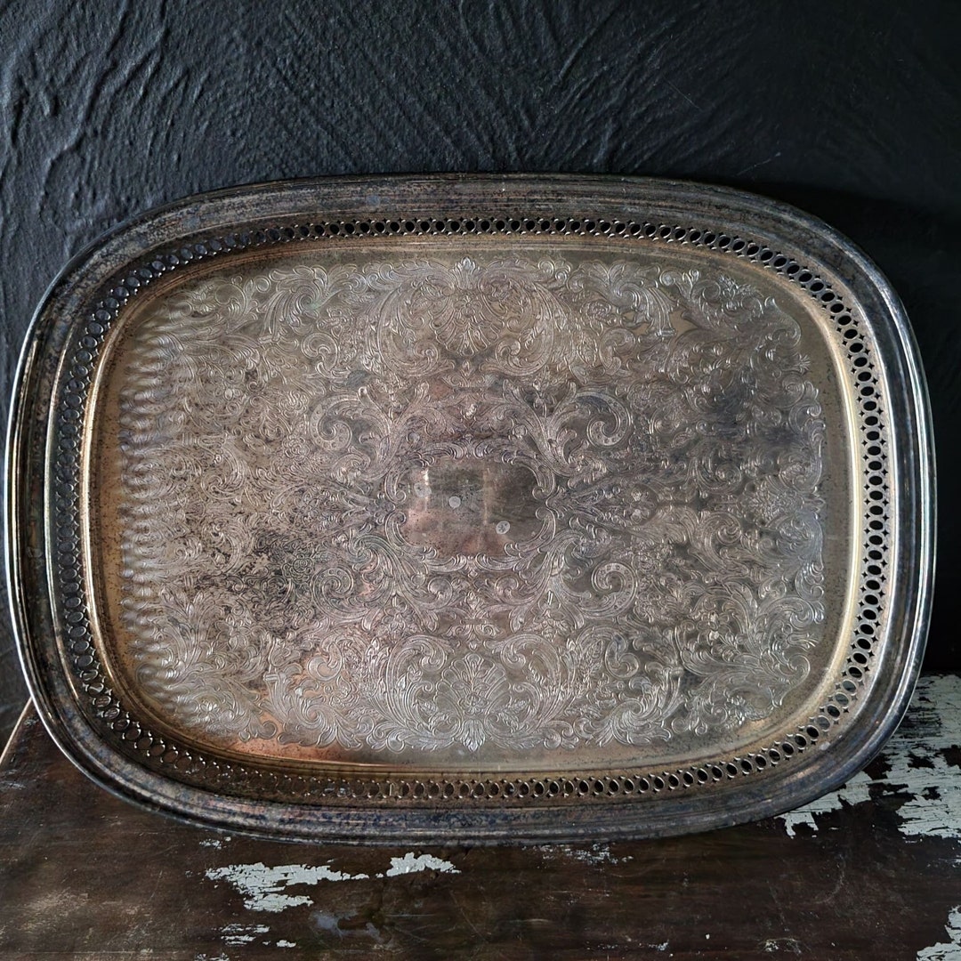 Vintage Oneida Ridgewood Pattern Silverplate Tray, Oblong Pierced ...