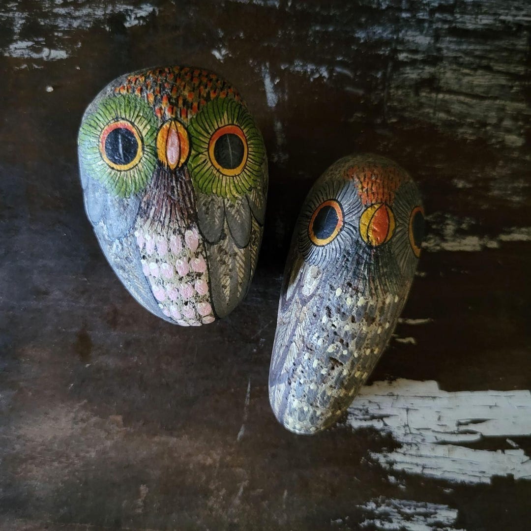 Pair of Painted Rock Owls, Hand Painted Stone Owls, Owl Paperweights - Etsy