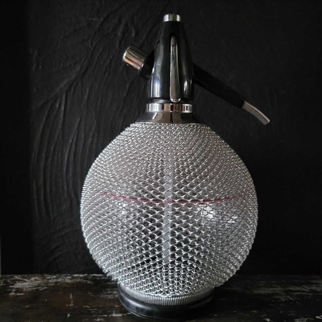 Vintage Mid Century Glass and Chain Metal Syphon Round Glass Seltzer ...