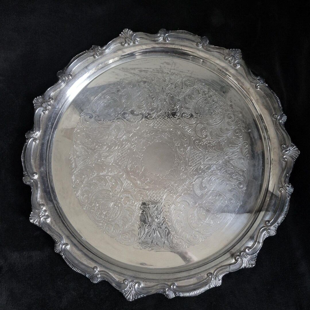 Extra Large Vtg Leonard Silverplate Ornate Round Serving Tray Scalloped ...