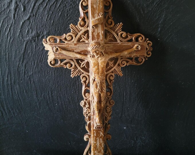 Vtg Syroco Wood Cross Crucifix Jesus INRI Wall Hanging Decor Religious ...