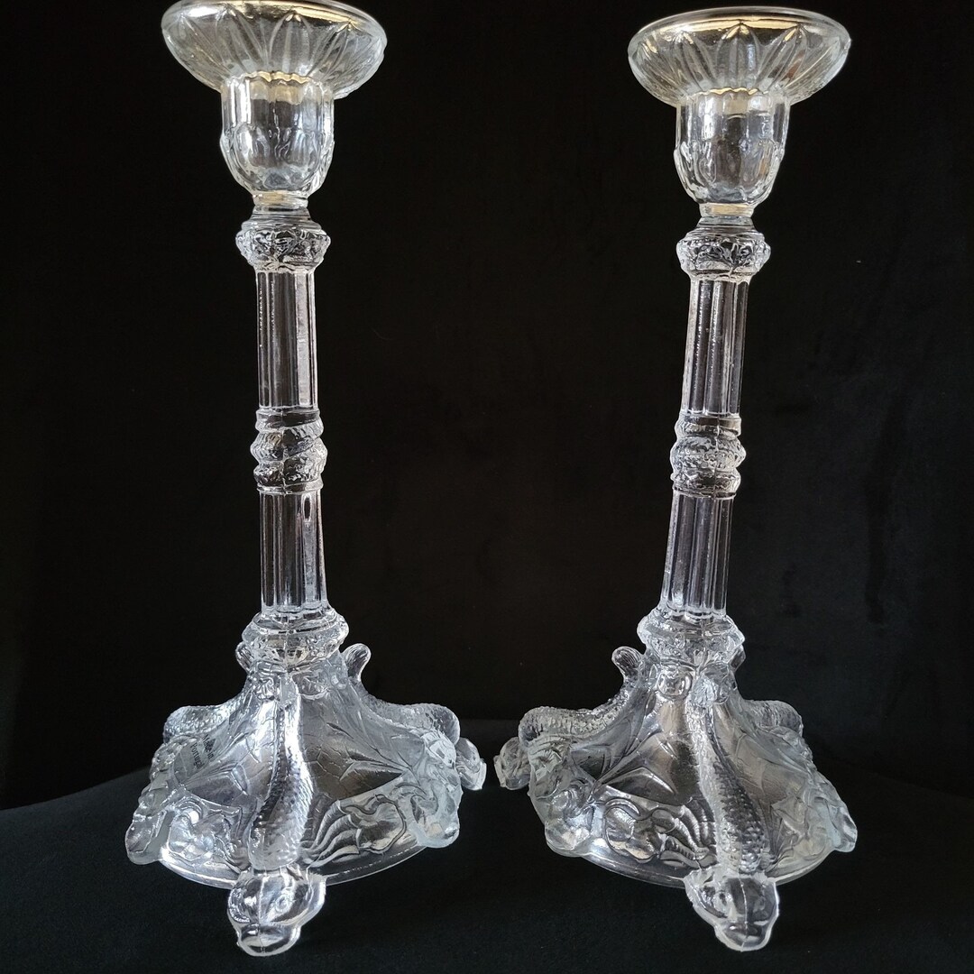 Pair of Ivima Clear Glass Candlesticks Heraldic Dolphin Motif - Made in Portugal - Etsy