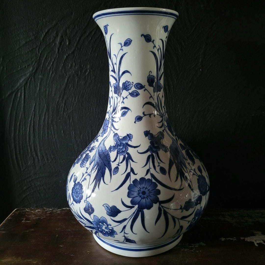 Large Vintage Bombay Chinoiserie Blue & White Porcelain Vase, Herons ...