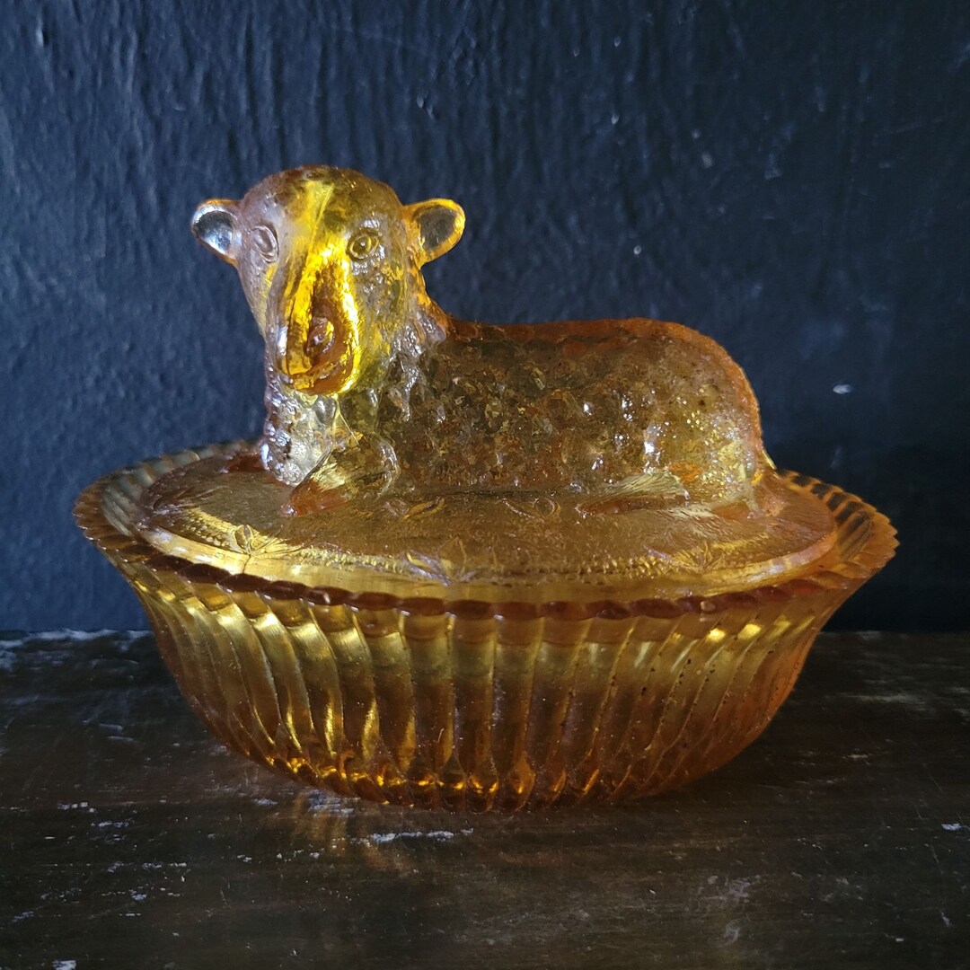 Vintage Degenhart Amber Glass Lamb / Sheep on Nest Covered Dish, Easter ...