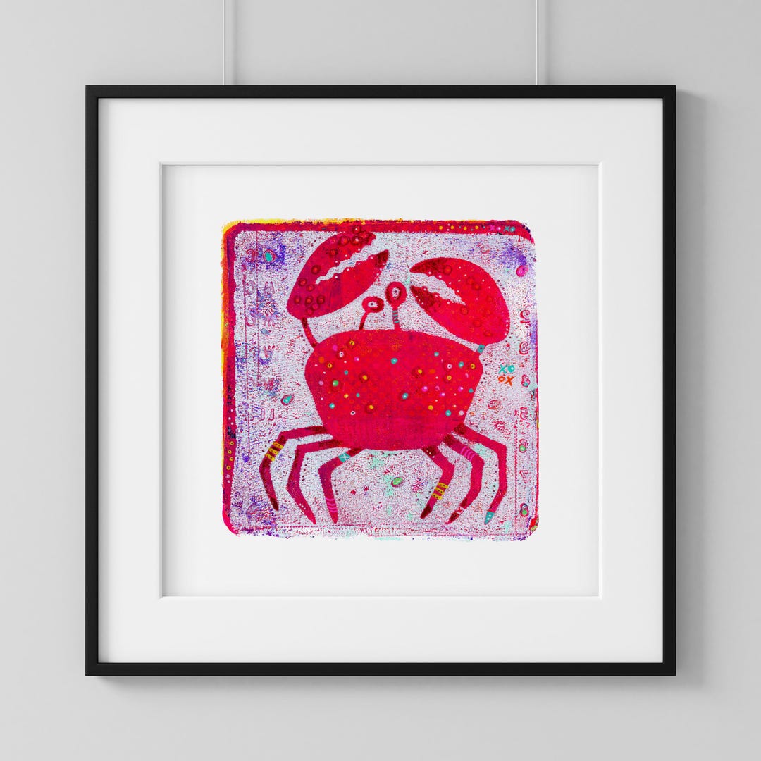 Crab Walking | 9" X 9" Crab Print | Cute Crab Artwork | Dark Pink Crab ...