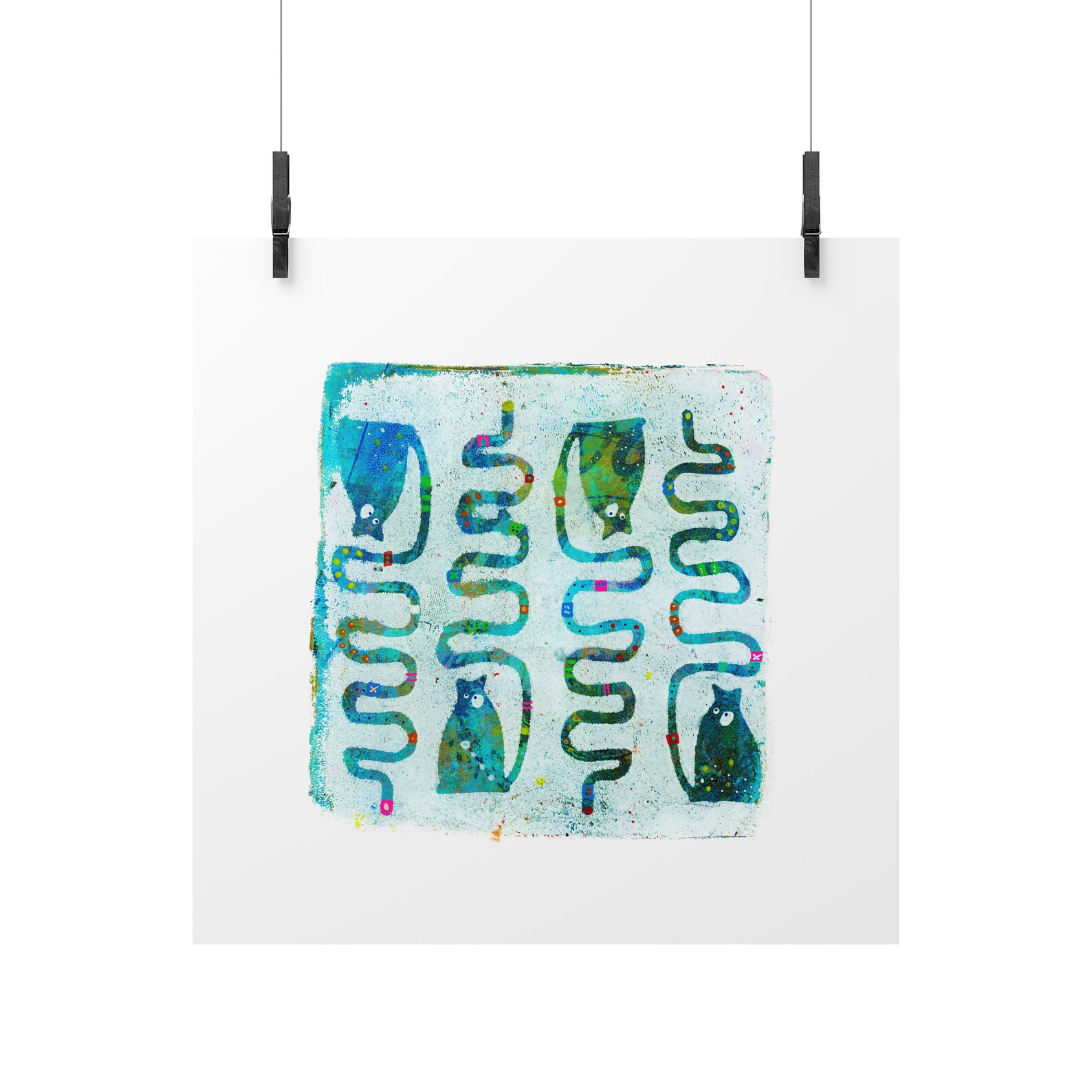 Tall Tales—blue | 9"x9" Cats With Long Tails | Cat Pattern | Cat Wall ...