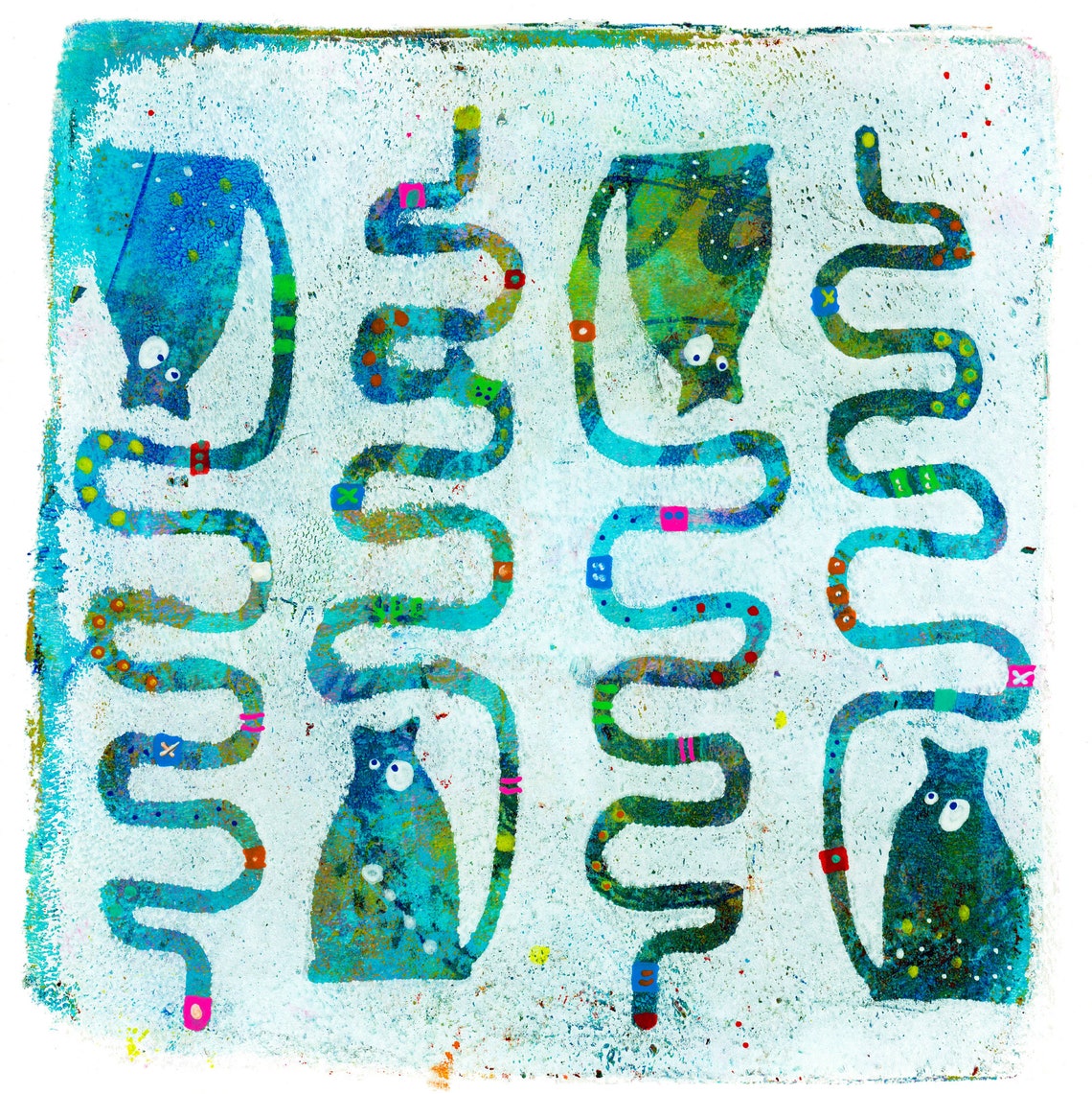Tall Tales—blue | 9"x9" Cats With Long Tails | Cat Pattern | Cat Wall ...